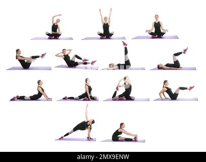 yoga exercises collage on white background Stock Photo - Alamy