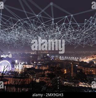 Modern city at night and radio network. Connection concept Stock Photo ...