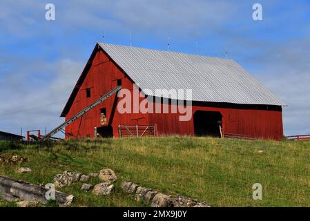 Hay elevator sits inside loft window on a rustic, red, wooden barn in ...