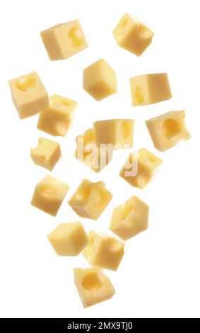 Collage with cubes of cheese falling on white background Stock Photo ...