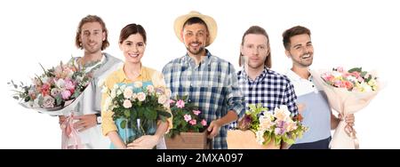 Collage of florists with flowers on white background. Banner design ...