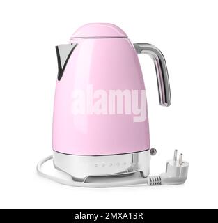 Modern pink electric kettle with base and plug isolated on white Stock ...
