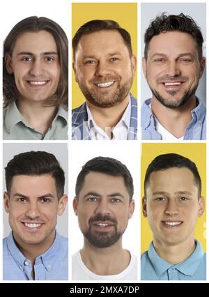Collage with portraits of handsome men on different color backgrounds ...