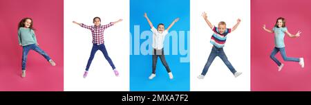 Collage of jumping schoolchildren on color backgrounds. Banner design ...