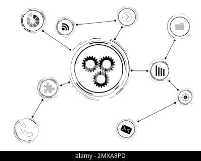 Set of linked icons and gear mechanism on white background Stock Photo ...