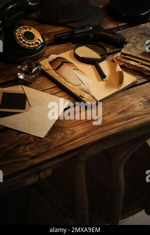 Different items for detective on table, flat lay Stock Photo - Alamy