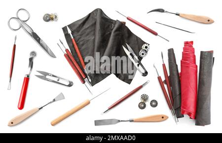 Set with leather samples and craftsman tools on white background ...