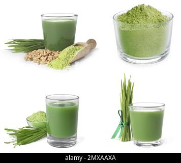 Set of wheat grass powder and fresh juice on white background Stock ...