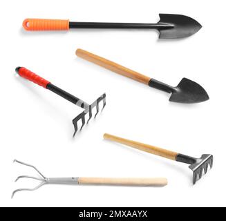 Set of different gardening tools on white background Stock Photo - Alamy
