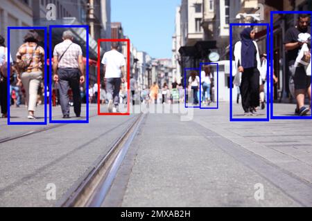 Beautiful city street with scanner frames on people outdoors, low angle ...