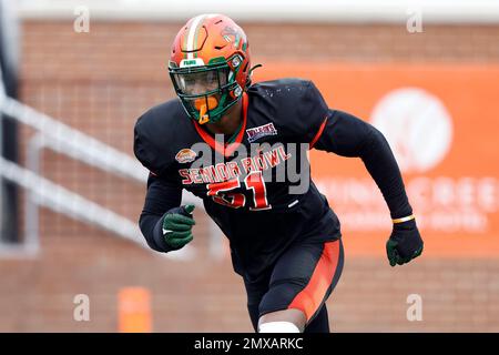American linebacker Isaiah Land of Florida A&M (51) runs through drills ...