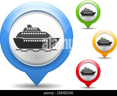 Blue map pin icon with ship inside and dotted line around, isolated on ...