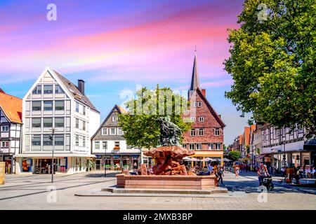 Detmold: Town Hall, fountain Donopbrunnen in Teutoburger Wald ...