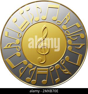 Realistic golden metal treble clef and musical notes on a white ...