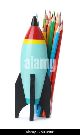 Bright modern toy rocket, pencils and apple isolated on white. Back to ...
