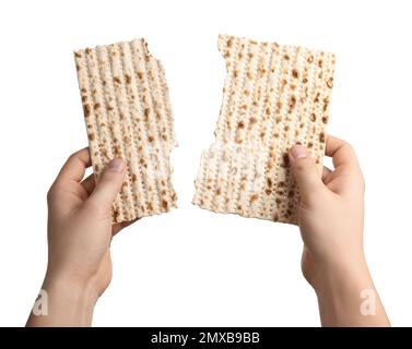Man with Matzo on white background, closeup. Pesach (Passover ...
