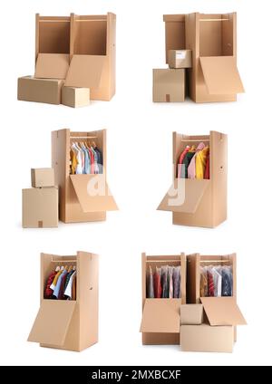Set of cardboard wardrobe boxes on white background Stock Photo - Alamy