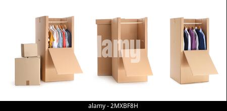 Set of cardboard wardrobe boxes on white background. Banner design ...