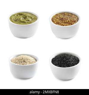 Set of different delicious sauces and condiments with names on white ...