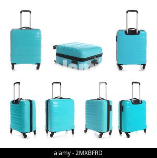 Set of blue suitcases on white background Stock Photo - Alamy