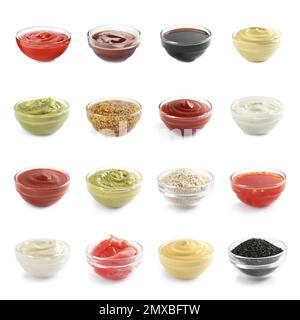 Set of different delicious sauces and condiments with names on white ...