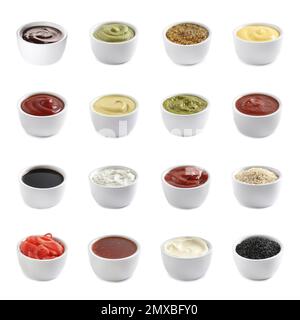 Set of different delicious sauces and condiments with names on white ...