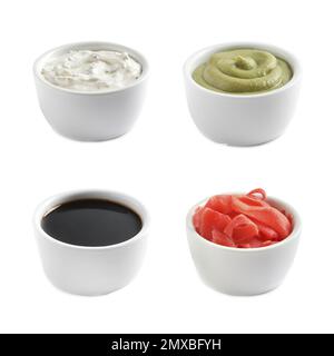 Set of different delicious sauces and condiments with names on white ...