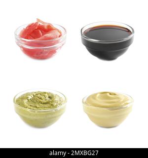 Set of different delicious sauces and condiments with names on white ...