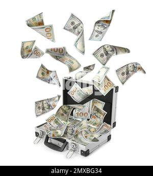 American banknotes falling into suitcase on white background Stock ...