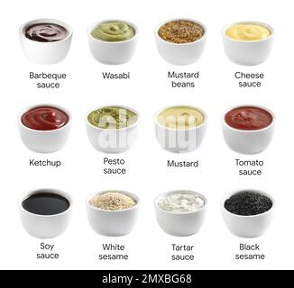 Set of different delicious sauces and condiments with names on white ...