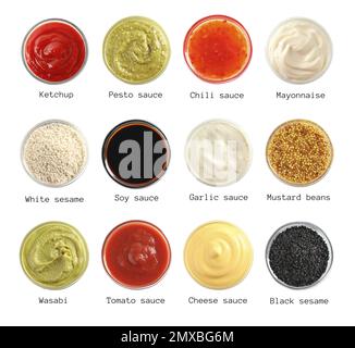 Set of different sauces with names on white background Stock Photo - Alamy