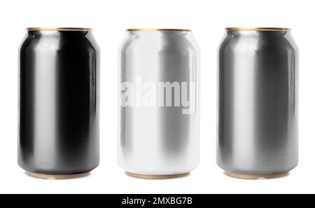 Set with aluminium drink cans in different colors on white background ...
