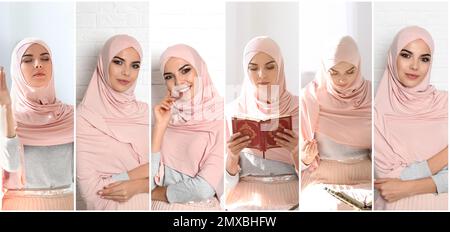 Collage with photos of young Muslim woman on different color ...