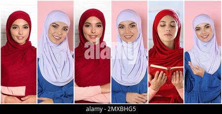 Collage with photos of Muslim people on different color backgrounds ...