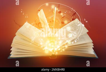 Symphony shining with musical notes from open book on table against ...