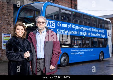 EDITORIAL USE ONLY The 'NHS Bus-ting Cancer' bus passes through Grimsby ...