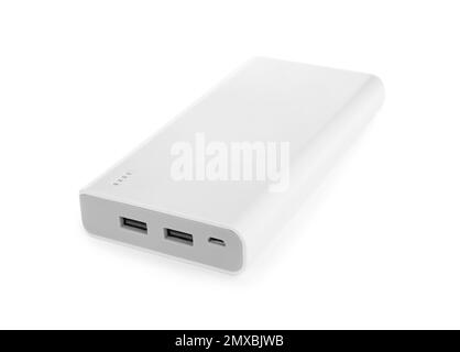 Modern external portable charger isolated on white, top view Stock ...