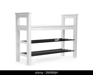 Empty wooden shoe shelf isolated on white Stock Photo - Alamy