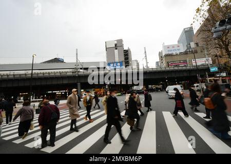 Pedestrians crossing the road in Shimbashi, Tokyo, Japan Stock Photo ...