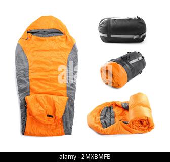 Rolled sleeping bags on white background. Banner design Stock Photo - Alamy