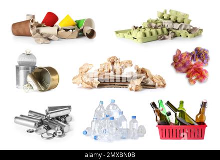 Set of piles with different garbage on white background. Waste ...