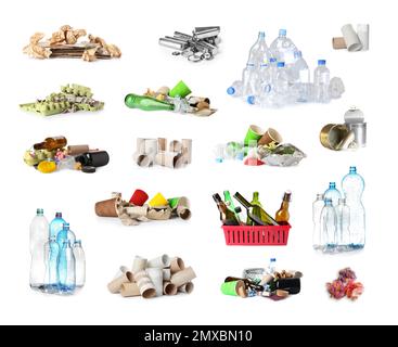 Set of piles with different garbage on white background. Waste ...
