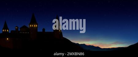 Fairy tale world. Magnificent castle under starry sky at night, banner ...