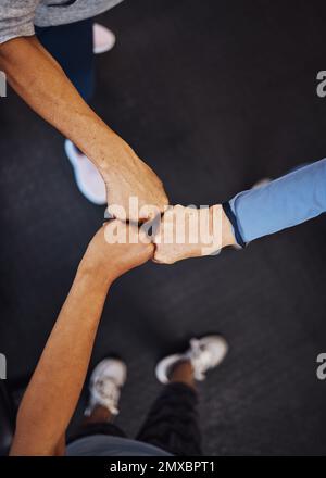 Teamwork, motivation and huddle with senior friends hiking together in ...