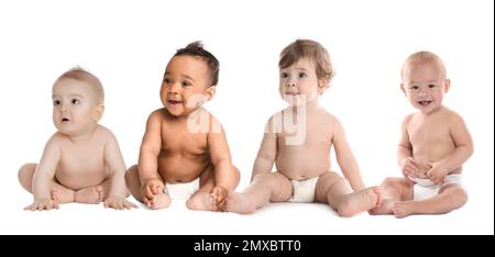Collage with photos of cute babies in diapers on white background Stock ...