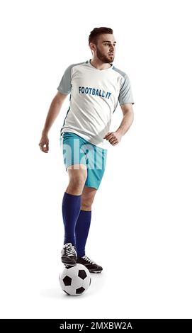 Young man playing football on white background Stock Photo - Alamy
