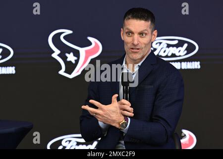 Houston Texans general manager Nick Caserio speaks during a press conference at the NFL football ...