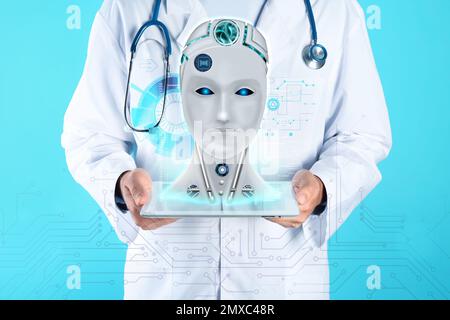 Doctor demonstrating digital model of artificial intelligence on blue ...