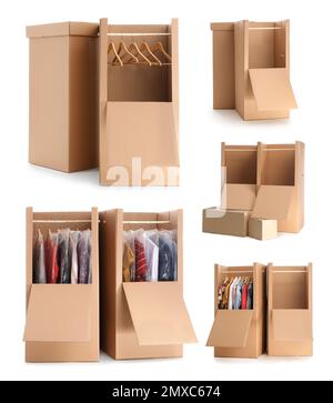 Set of cardboard wardrobe boxes on white background. Banner design ...