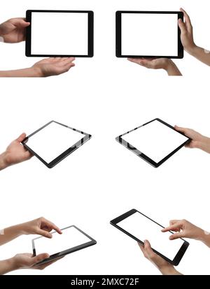 Collage with photos of people holding tablet computer on white ...